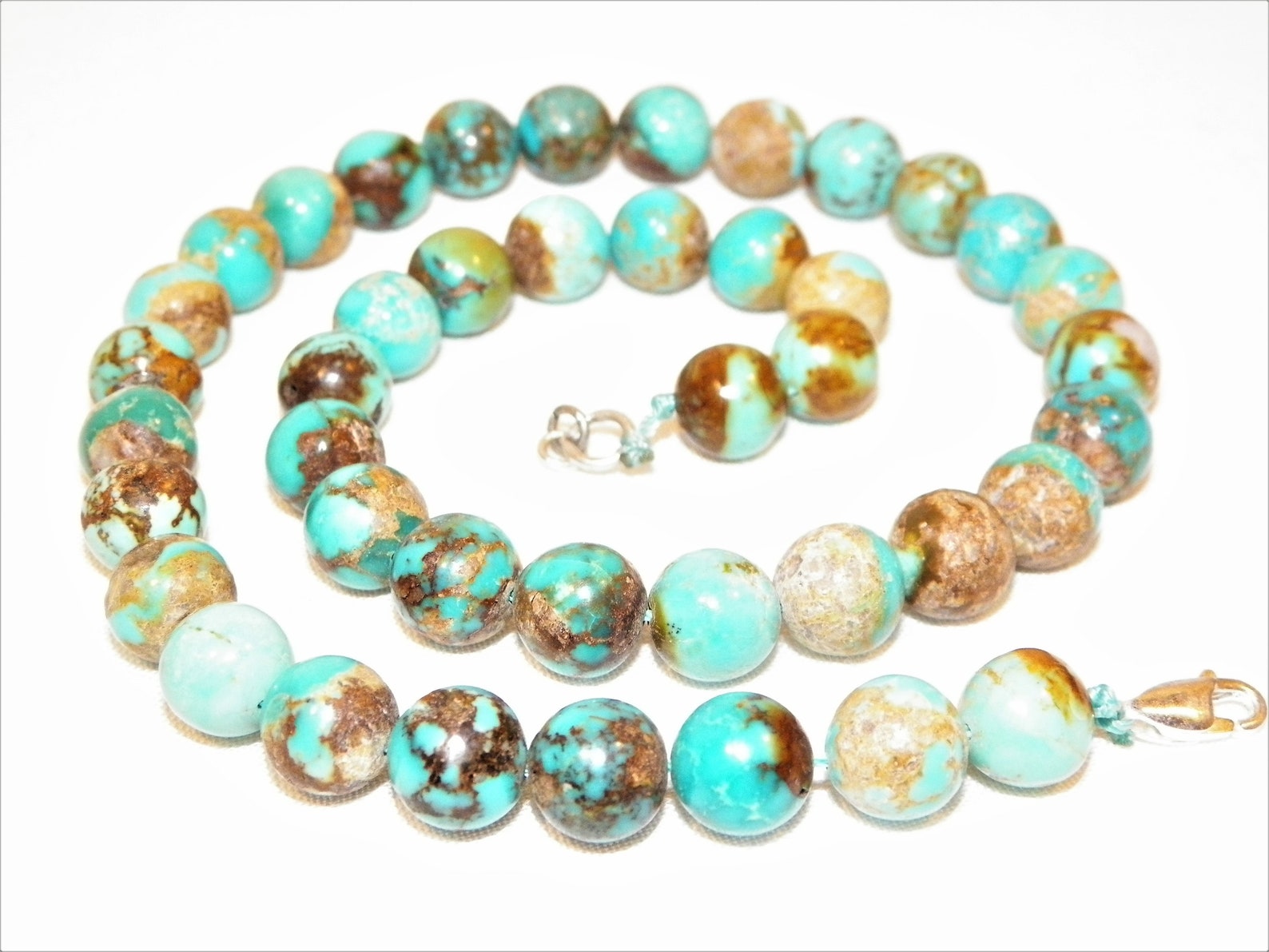 17.25 Inch 10mm Round Natural Turquoise Bead Necklace With 925 - Etsy