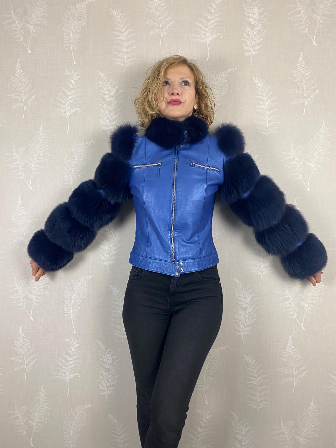 Cobalt Blue Leather Biker Jacket With Fox Fur Collar - Size XS - Etsy