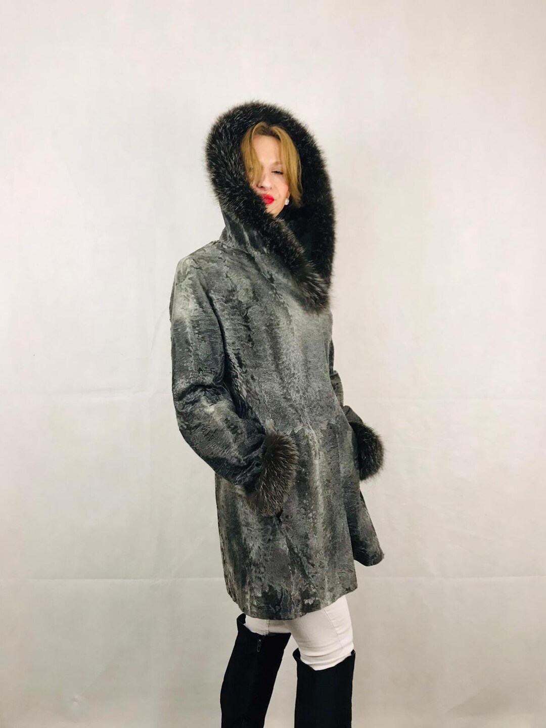 Real Fur Coat Woman. Swakara Coat. Silver Broadtail Lamb Fur With Fox ...
