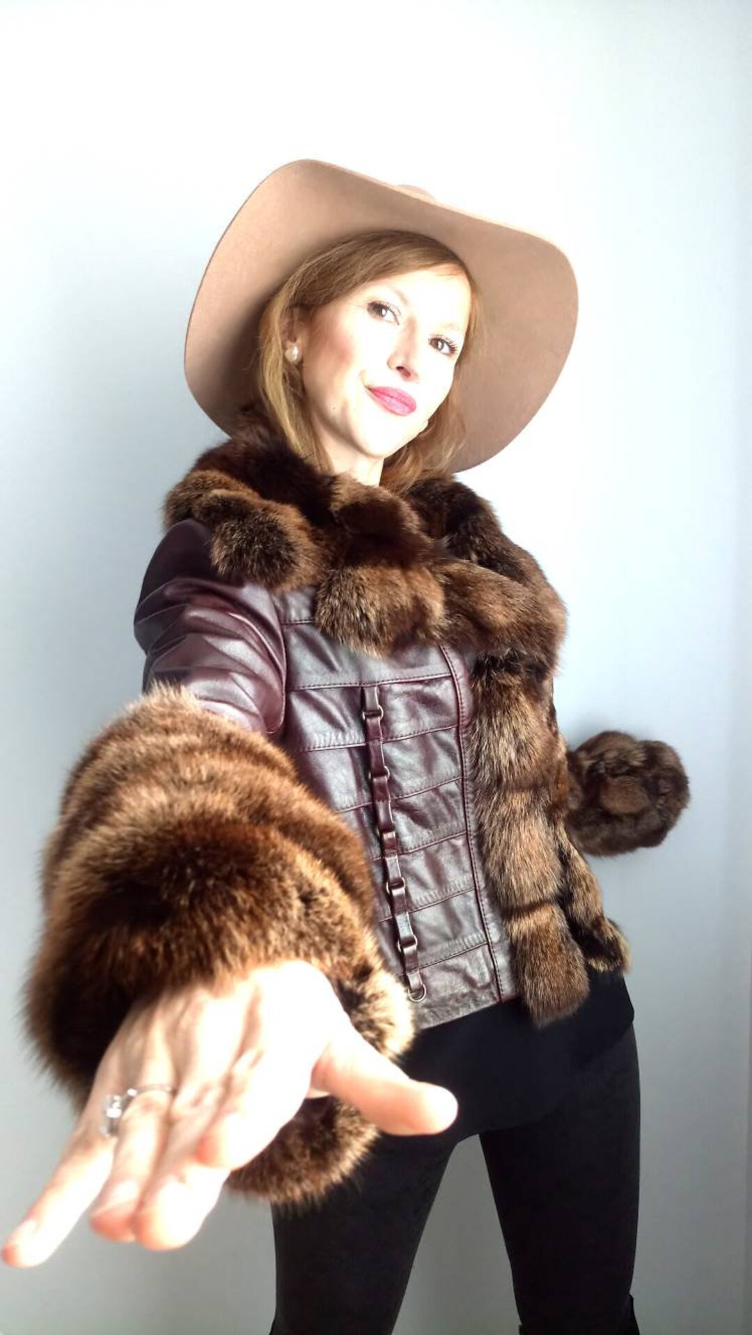 Real Leather Jacket With Fox Fur/ Biker Jacket With Real Fox Fur/ Real ...