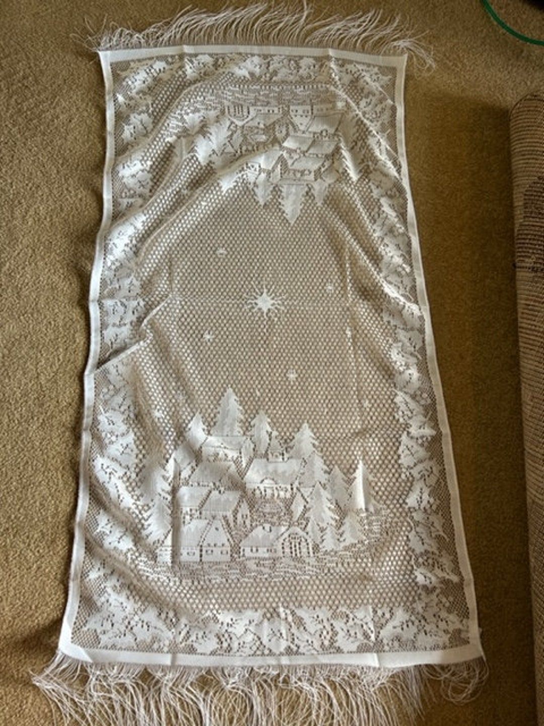 Vintage LEART BRAZIL Christmas Table Runner Lace Look White Fringe NOS ...