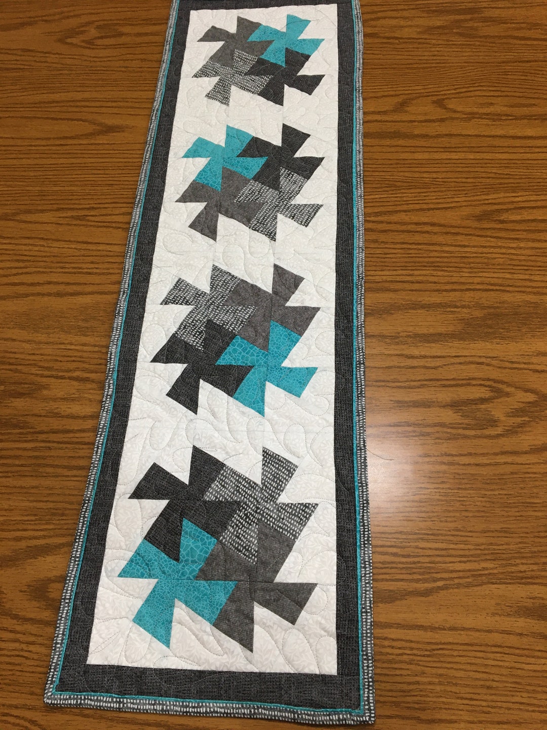 Twister Table Runner. Grays and Teal. Quilted Patchwork Table Runner ...