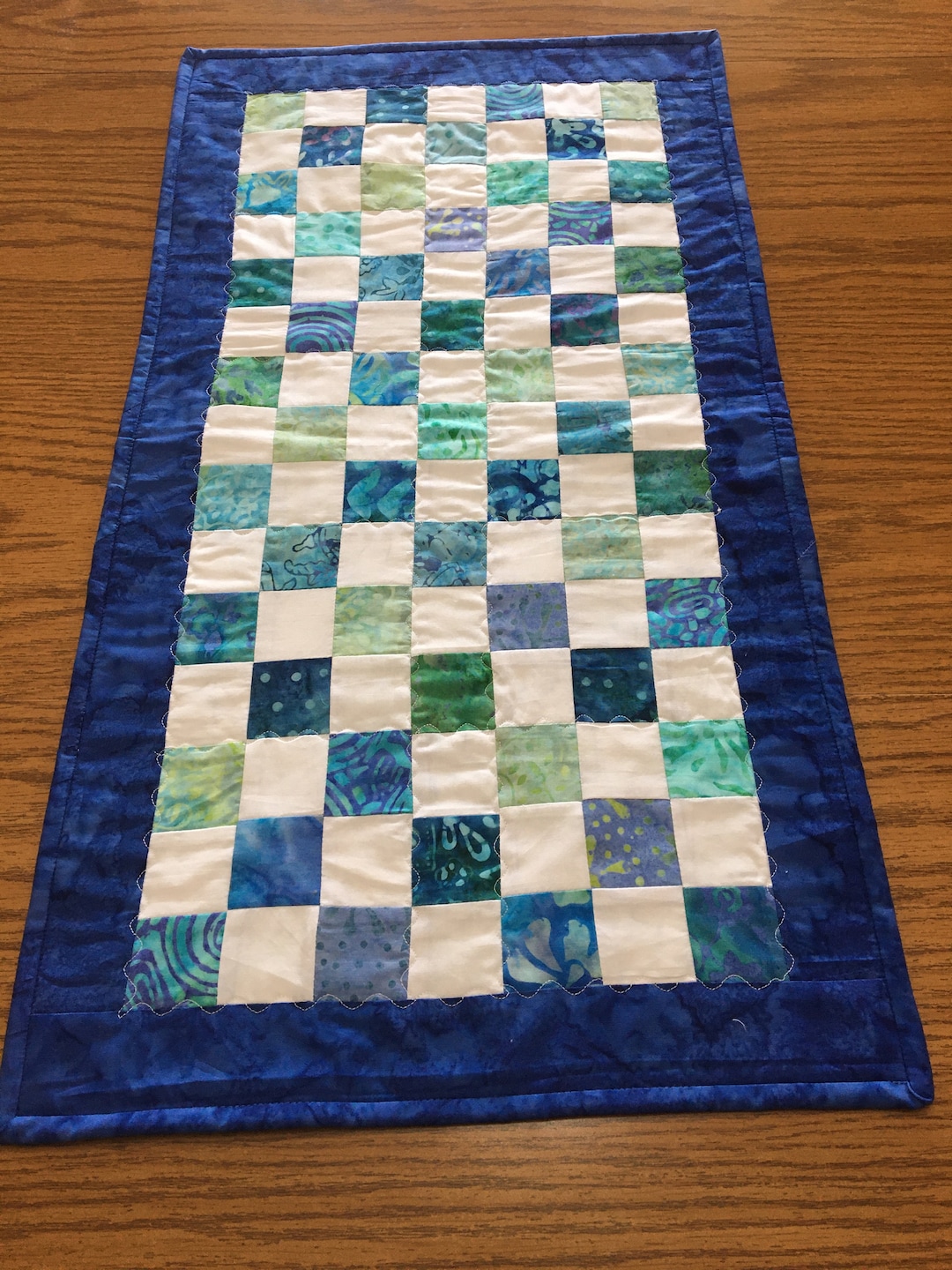Bright Blue/green Batik Table Runner, Quilted Patchwork, 26 Inches Long ...