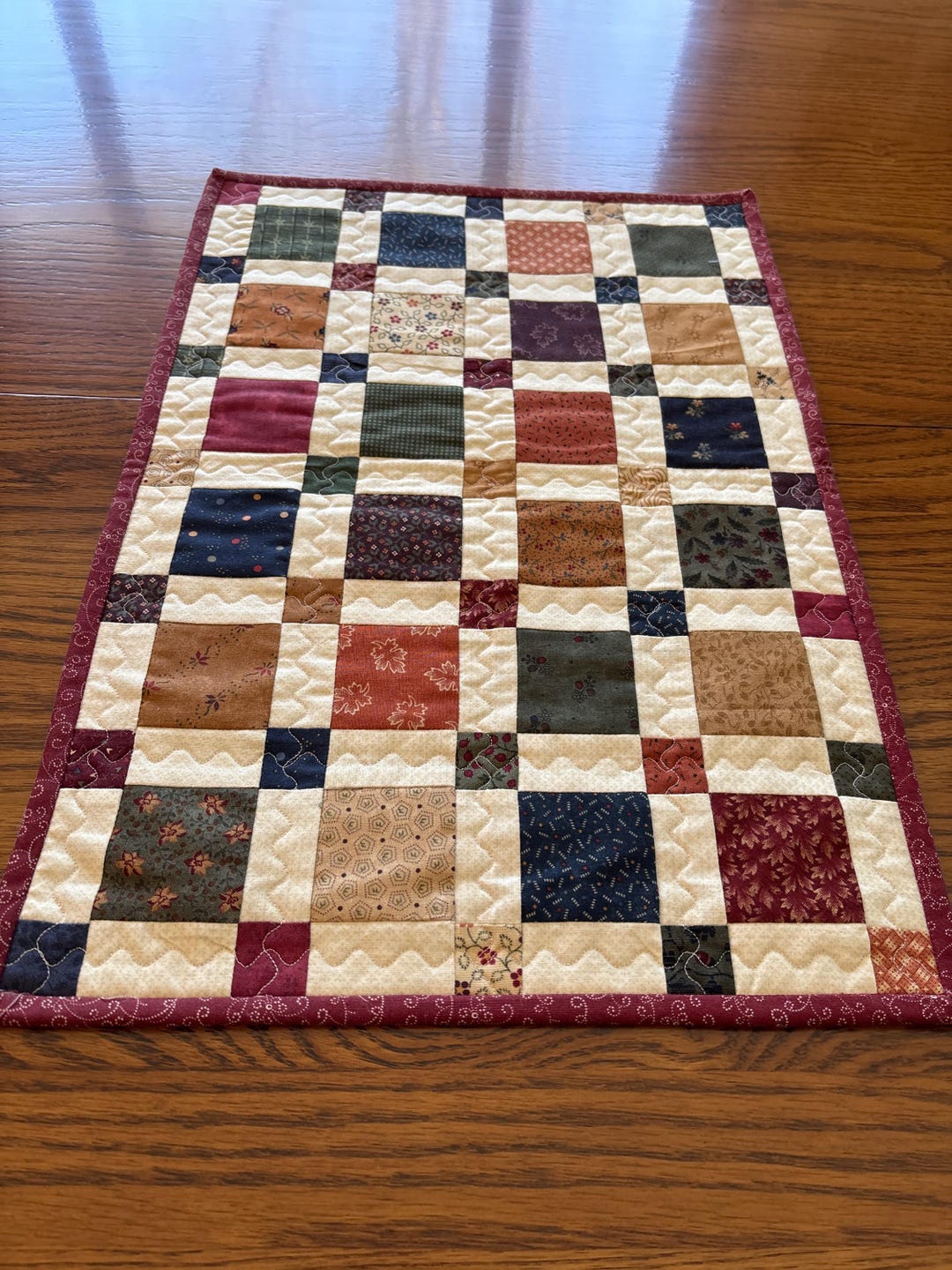 Kansas Troubles Quilted Table Runner With Navy, Burgundy and Tan ...