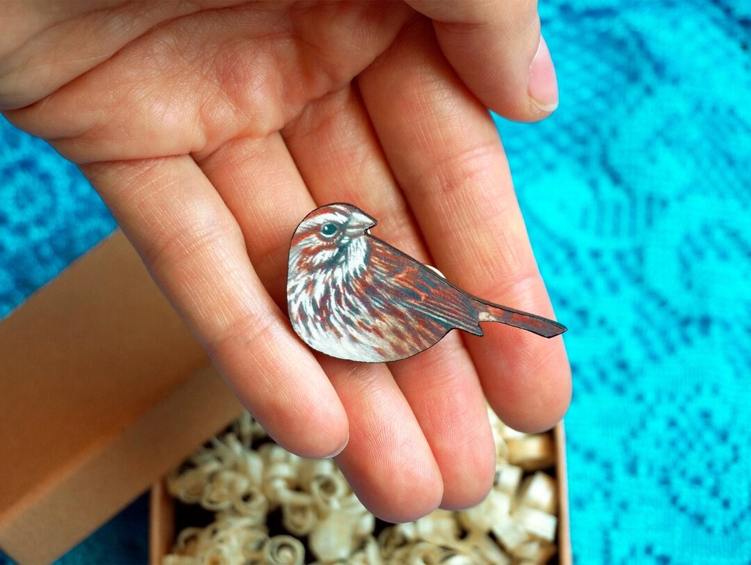 Song Sparrow Printed Brooch, Wood Song Sparrow Pin - Etsy