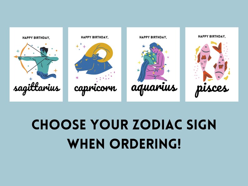 Zodiac Signs Birthday Card Aries, Taurus, Gemini, Cancer, Leo, Virgo ...