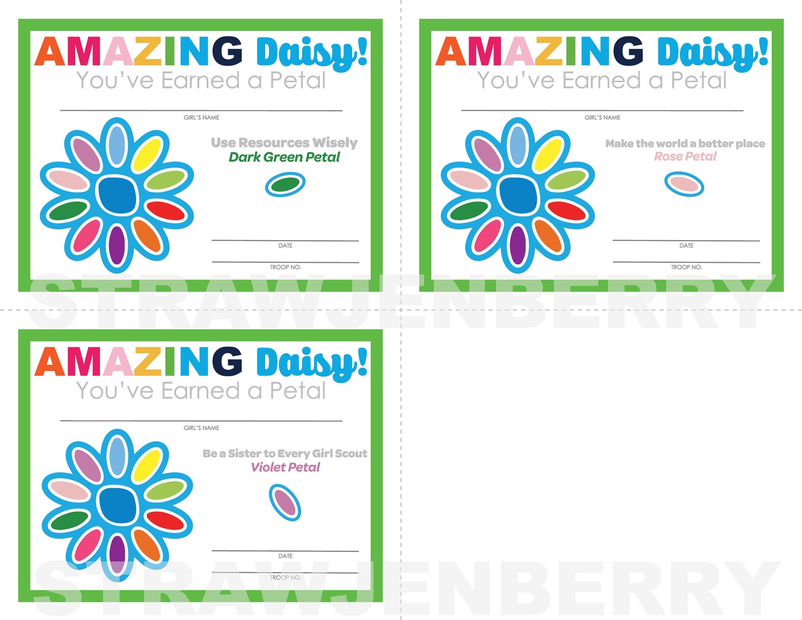 Daisy Petal & Leaf Certificates Complete Set Fillable 4-up Girl Scouts ...