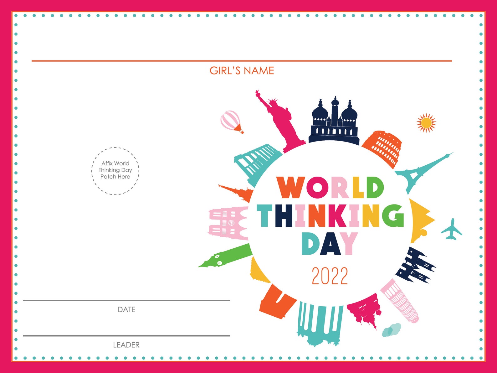 World Thinking Day Badge Patch FILLABLE Certificate Style 2 - Etsy