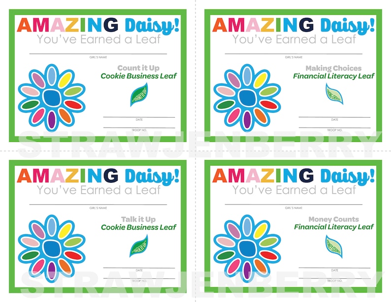 Daisy Petal & Leaf Certificates Complete Set Fillable 4-up Girl Scouts ...
