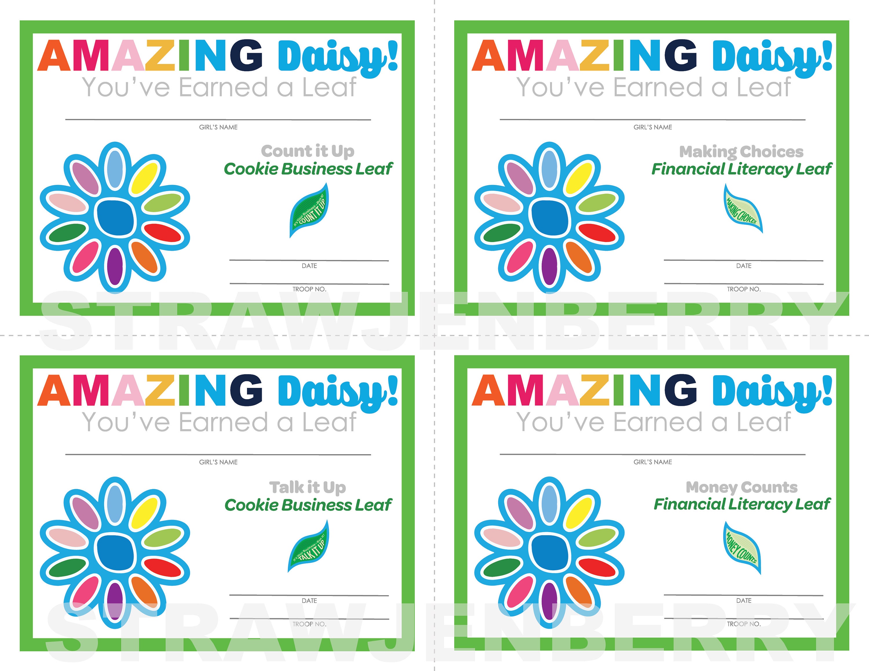 Daisy Petal & Leaf Certificates Complete Set Fillable 4-up Girl Scouts ...
