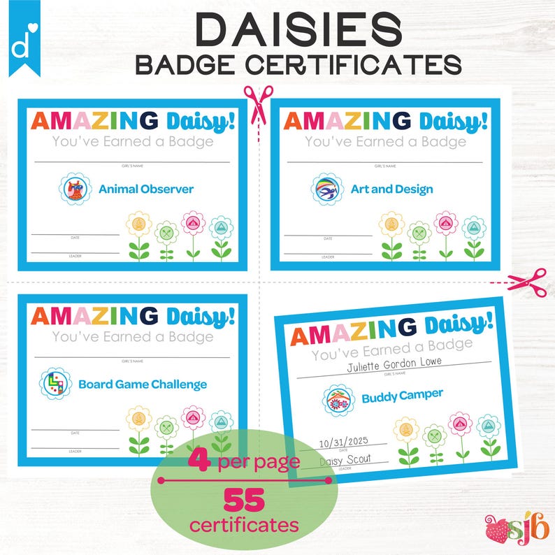 Girl Scout Daisy Badge Certificates: Journey Badge Award Set (fillable ...