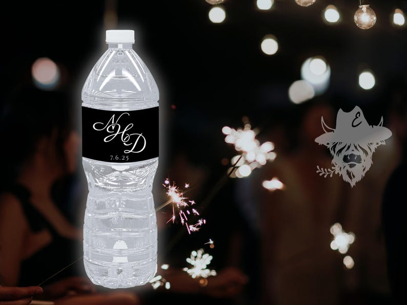 Custom Monogram Wedding Water Bottle Labels, Elegant Script, Minimalist ...