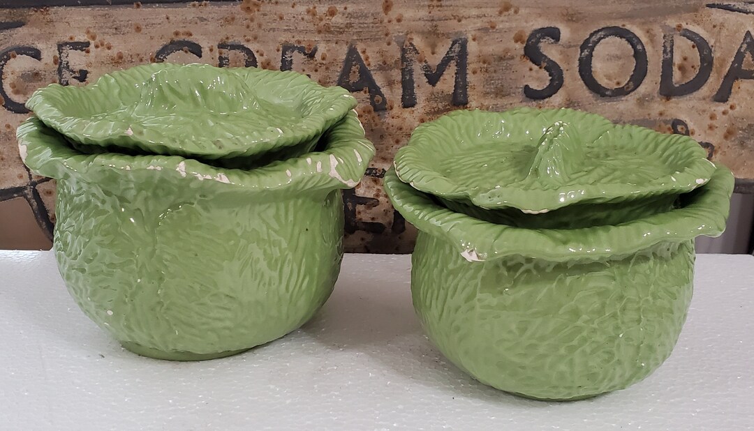 Antique Green Cabbage Bowl Set of 2 Large & Small With Lids Canister ...