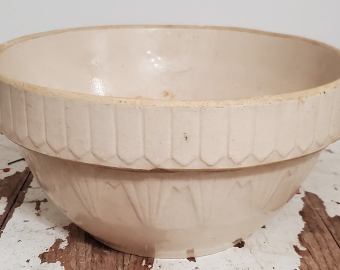 Antique Stoneware Mixing Bowl Picket Fence Ivory Beige Farmhouse ...