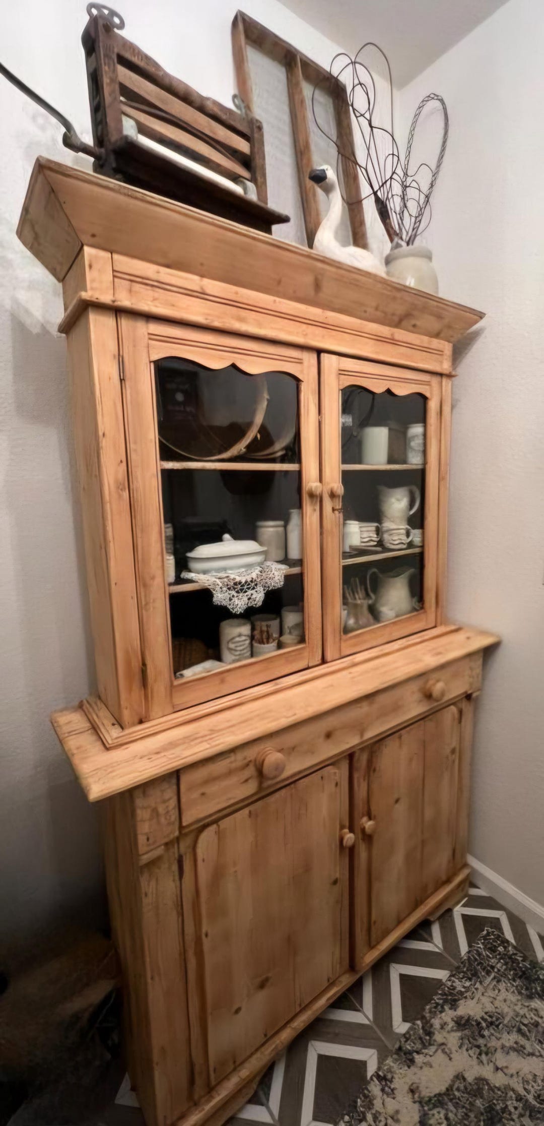 Antique English Pine China Cabinet Kitchen Dining Room China Cabinet ...