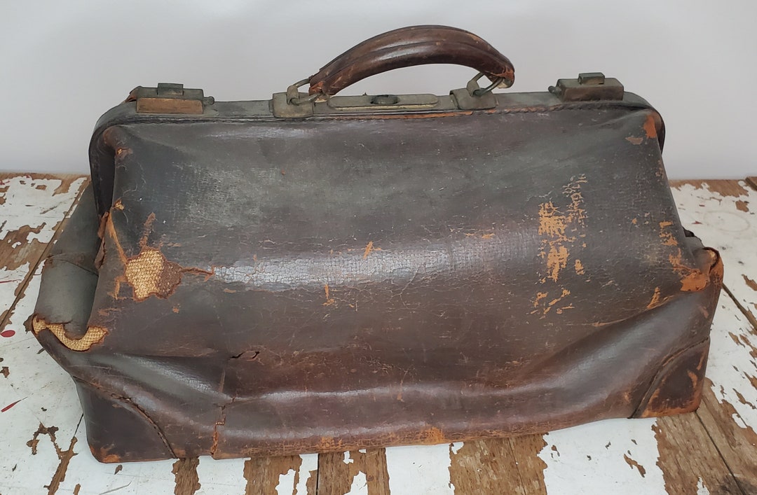 Antique Brown Leather Medical Bag Briefcase Suitcase Tote Bag Farmhouse ...