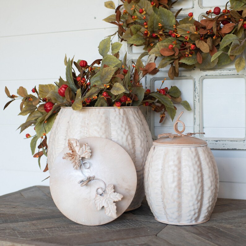 Fall Metal Pumpkin Canister Set of 2 Cream Color W/ Lids Pumpkin Shape ...