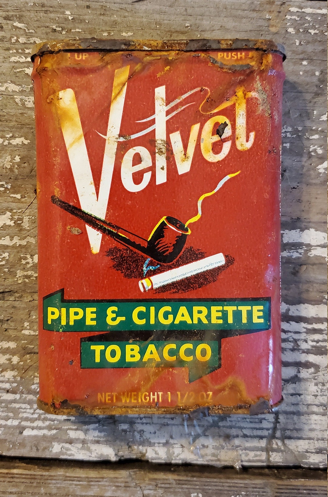 Antique Velvet Pipe and Cigarette Tobacco Can Canister Vintage Red Tin ...