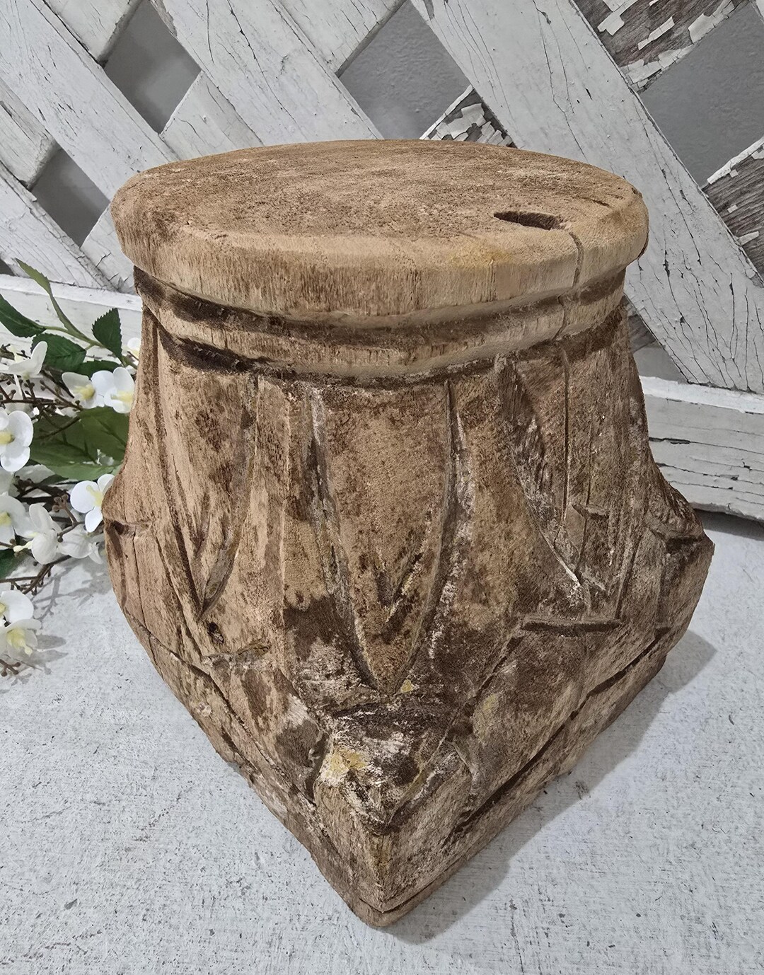 Antique Salvaged Wood Capital Column Base White Chippy Tall Riser ...