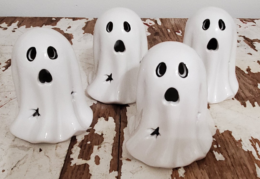 Halloween Lighted Cermaic White Ghost Set of 4 Statue Figurine Decor ...