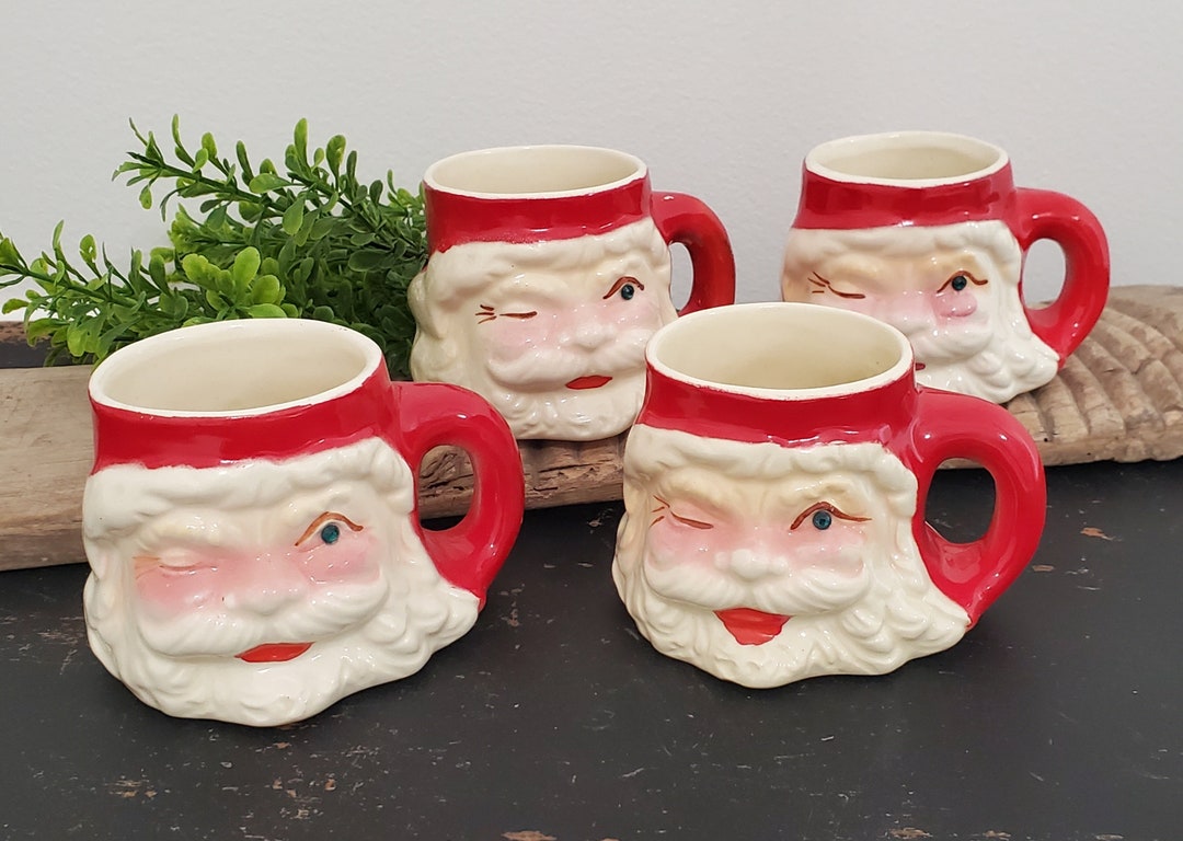 Vintage Santa Mugs Set of 4 Green Jewel Eye Red White Christmas Mugs ...