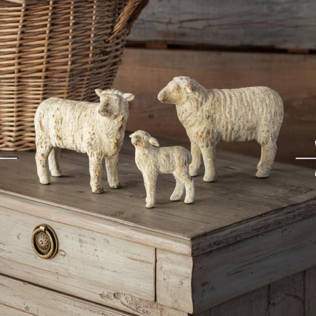 Farmhouse Style Sheep Family Set of 3 Figures Decor Bookcase Cabinet ...