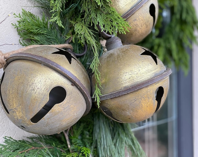 Jumbo Brushed Gold Metal Tin Large 11" Jingle Bell Christmas Decorating ...