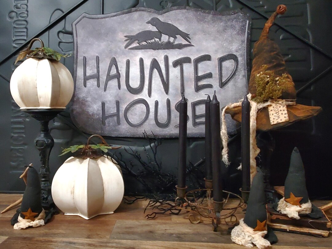 Fall Viral Metal "haunted House" Sign Black White Rustic Embossed Sign ...
