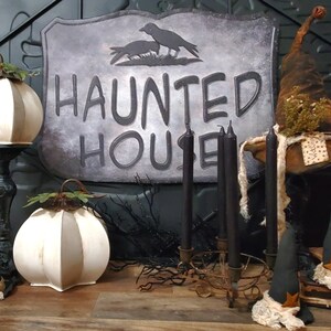 Fall Viral Metal "haunted House" Sign Black White Rustic Embossed Sign ...