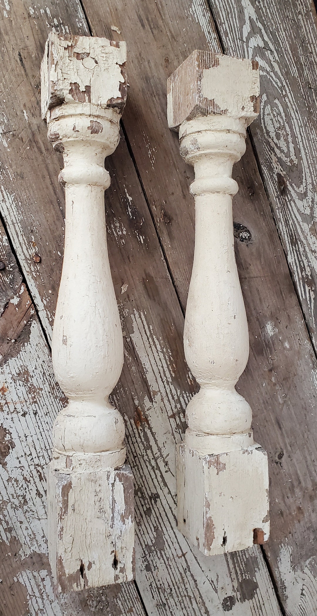 Antique White Cream Chippy Porch Wood Balusters Set of 2 Shabby Chic ...