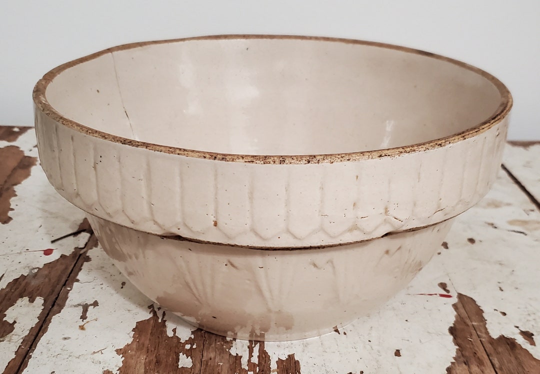 Antique Stoneware Mixing Bowl Picket Fence Ivory Beige Farmhouse ...