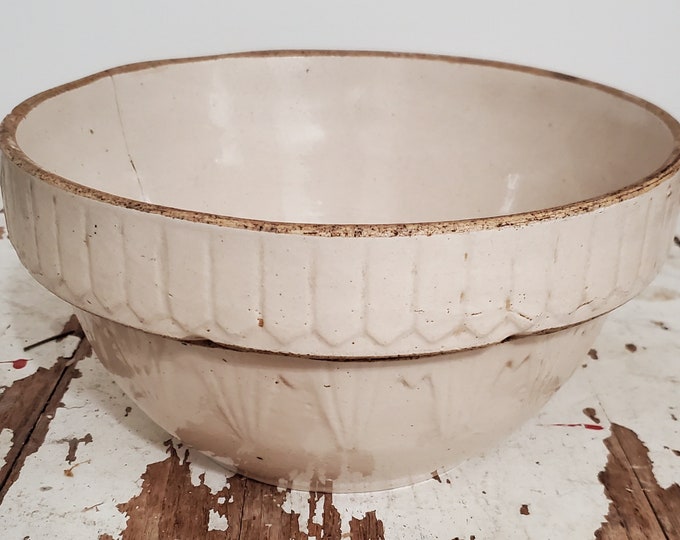 Antique Stoneware Mixing Bowl Picket Fence Ivory Beige Farmhouse ...