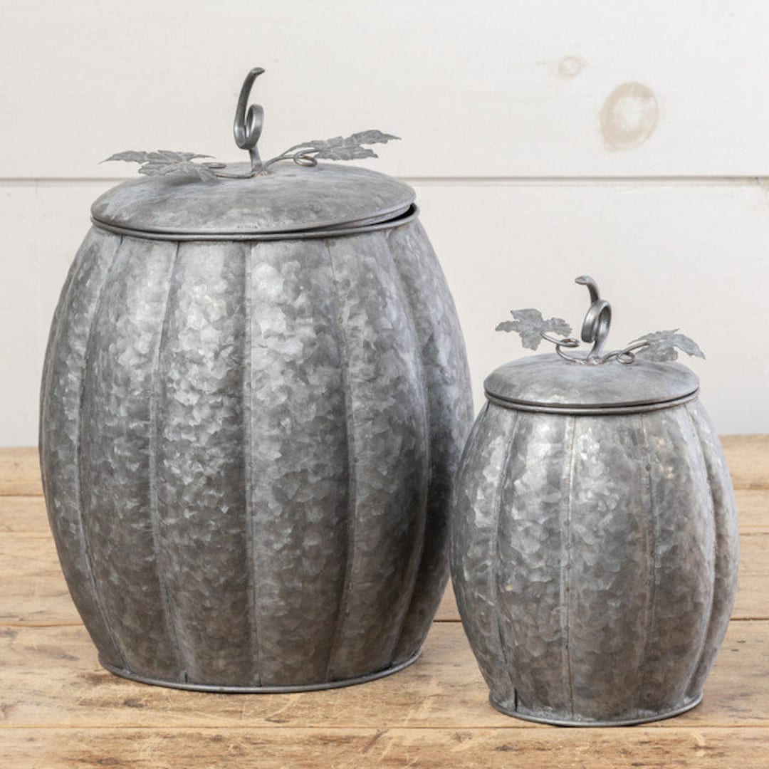 Fall Metal Pumpkin Canister Set of 2 Galvanized W/ Lids Pumpkin Shape ...