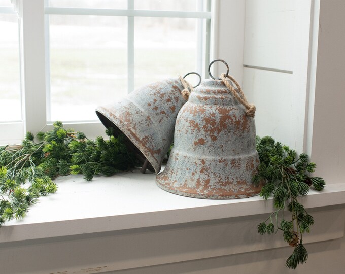 Set of 2 Metal Distressed Christmas Porch Bells W/ Jute Rope Decor ...