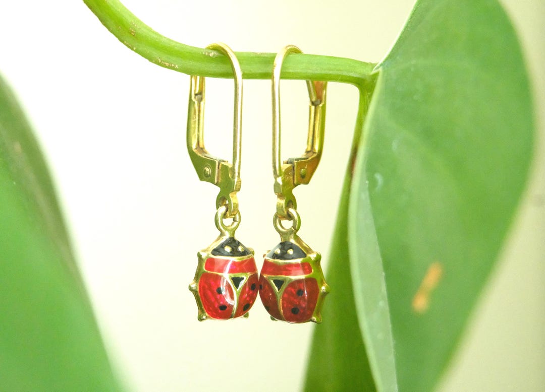Preowned 10K Yellow Gold Enameled Lady Bug Dangle Earrings - Etsy