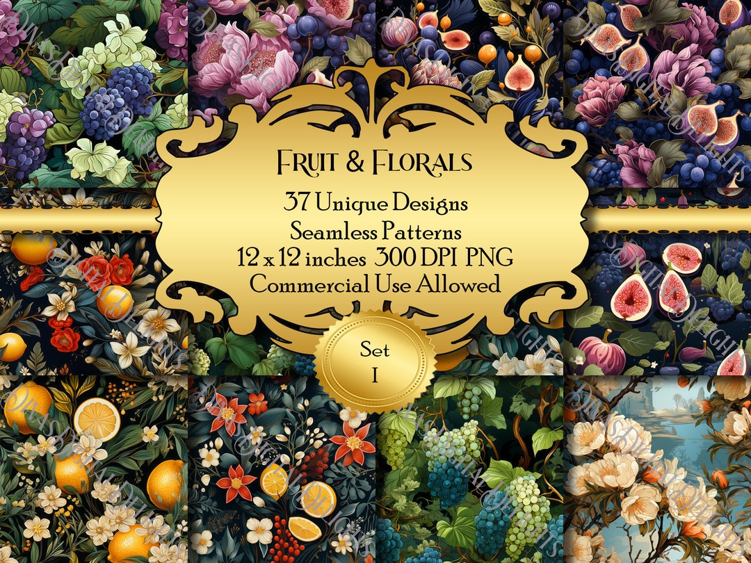 Victorian Fruit and Floral Digital Paper Bundle, Seamless Pattern ...