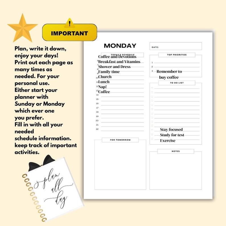 Daily 7 Day Schedule Planner Printable Pages | A4|a5|letter| 1/2 Letter ...