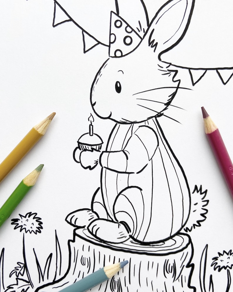 Bunny Birthday Coloring Sheet Woodland Birthday Printable | Etsy