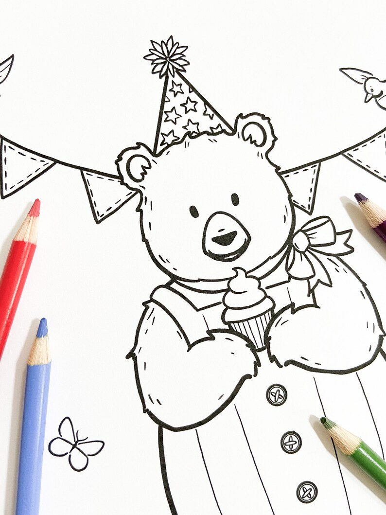 Bear Birthday Coloring Page: Woodland Birthday Party Printable (PDF) - Etsy