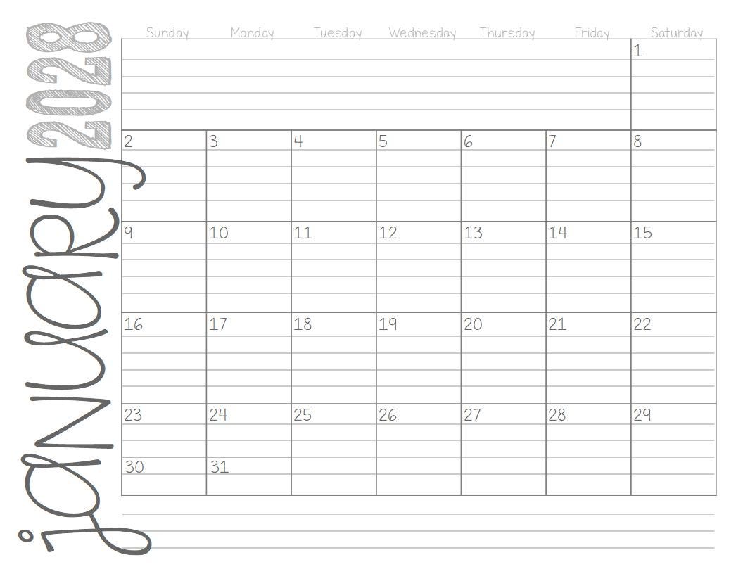 2028 Landscape Lined & Unlined Monthly Calendars | 8.5x11 | LANDSCAPE ...