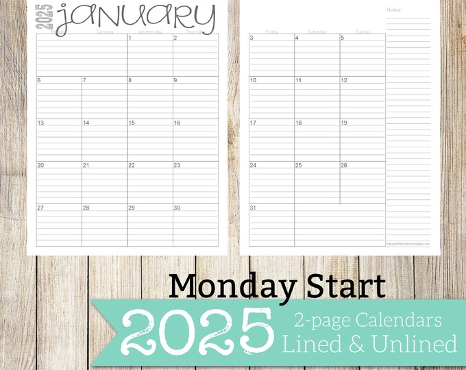 2025 Monday Start 2-page Lined & Unlined Monthly Calendars 8.5x11 Jan ...