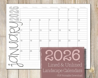 2025 Landscape Lined & Unlined Monthly Calendars 8.5x11 LANDSCAPE Jan ...