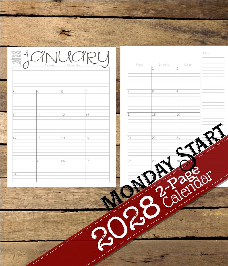 2028 Monday Start 2-page Lined & Unlined Monthly Calendars | 8.5x11 ...