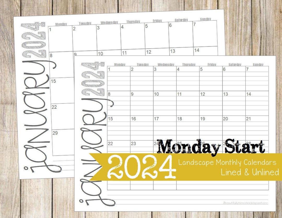 2024 Monday Start Lined & Unlined Monthly Calendars 8.5x11 LANDSCAPE ...