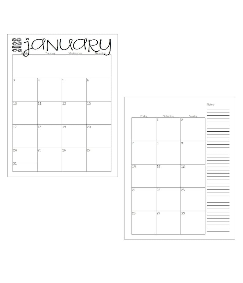 2028 Monday Start 2-page Lined & Unlined Monthly Calendars | 8.5x11 ...