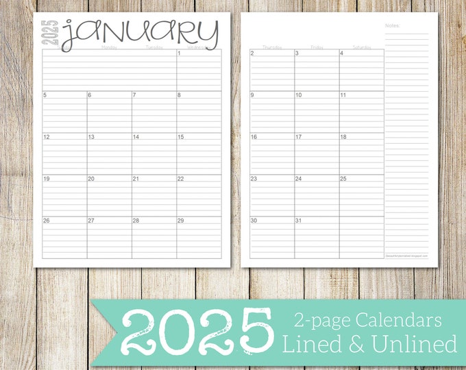 2025 Lined & Unlined 2-page Monthly Calendars 8.5x11 Jan Dec PDF ...