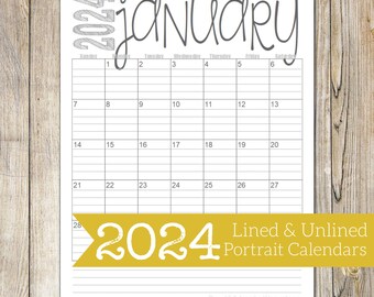 Lined Monthly Calendar, Portrait, Printable Download, Jan-dec - Etsy