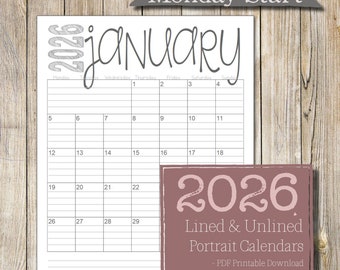 2025 Monday Start Lined & Unlined Monthly Calendars 8.5x11 PORTRAIT Jan ...