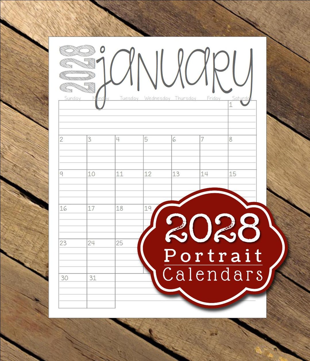 2028 Portrait Lined & Unlined Monthly Calendars | PORTRAIT | 8.5x11 ...