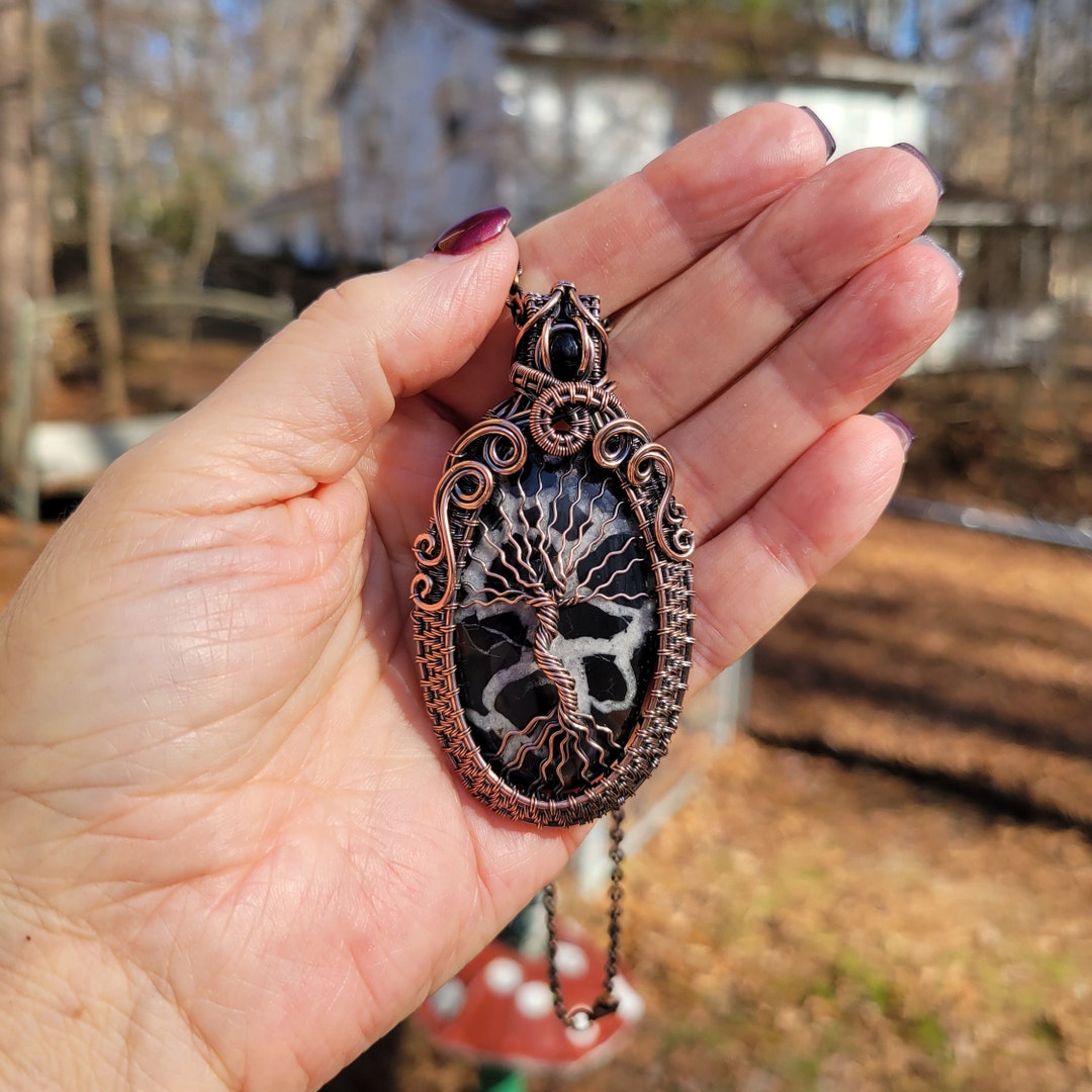 Septarian and Black Onyx Tree of Life Necklace Wire Wrapped Copper ...